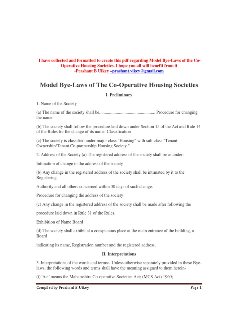 Model Bye-Laws of The Co - Operative Housing Societies | PDF | By Law | Apartment
