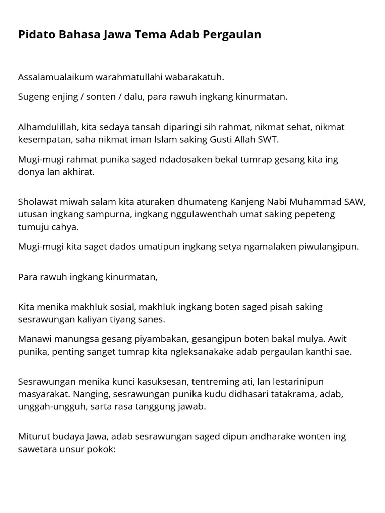 Pidato Bahasa Jawa Tema Adab Pergaulan PDF | PDF