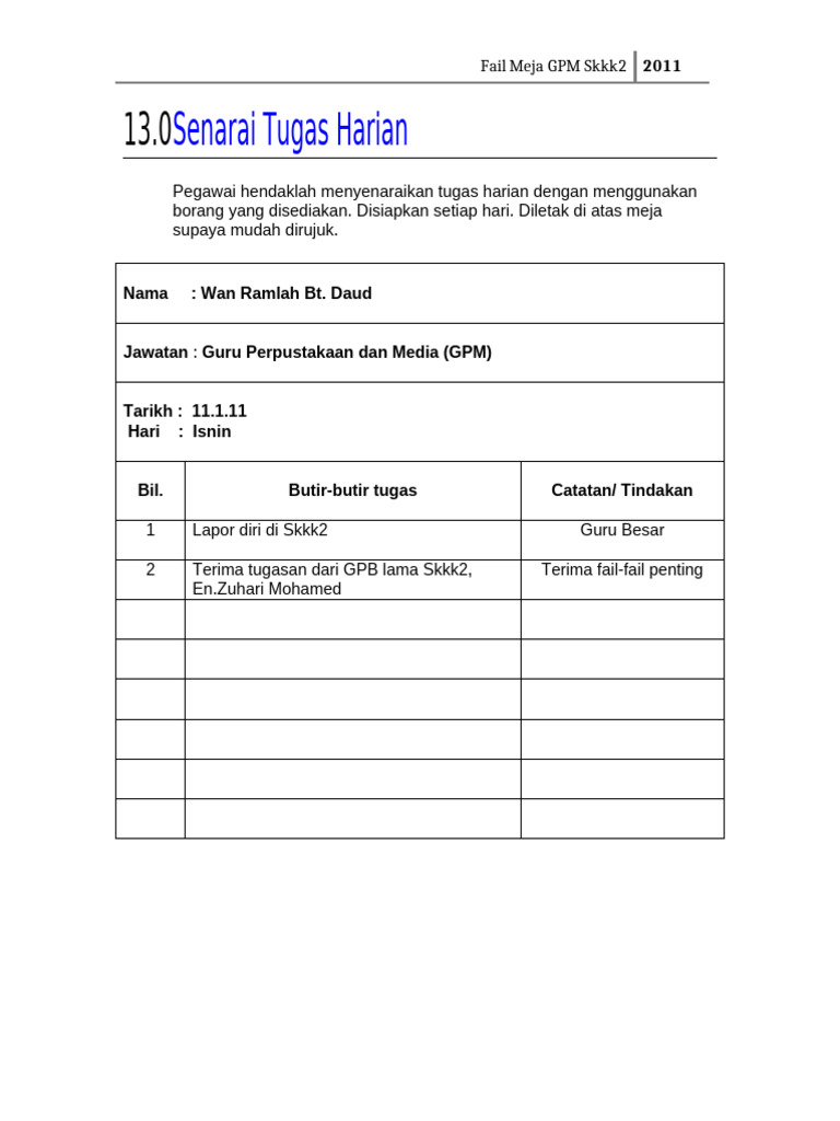 Senarai Tugasan Harian Fail Meja Harian GPM | PDF
