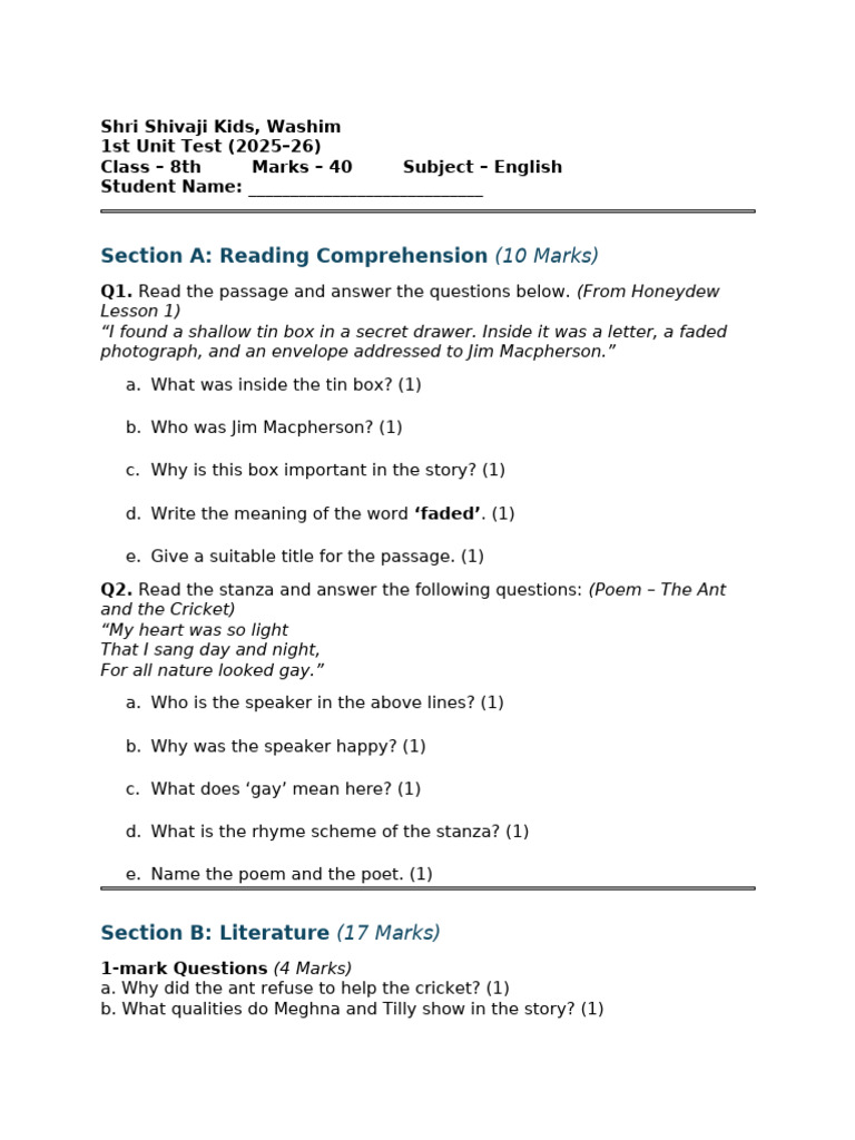 Class 8 English 1st Unit Test 2025 | PDF