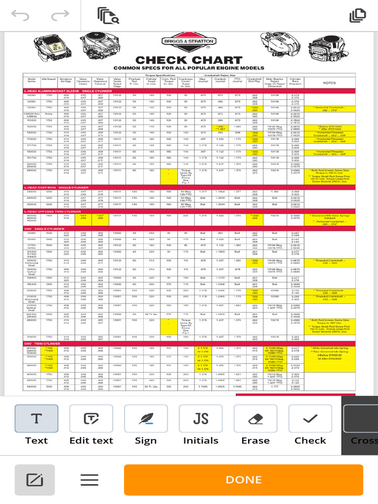 PDFfiller - Briggs Stratton Valve Clearance Chart PDF | PDF