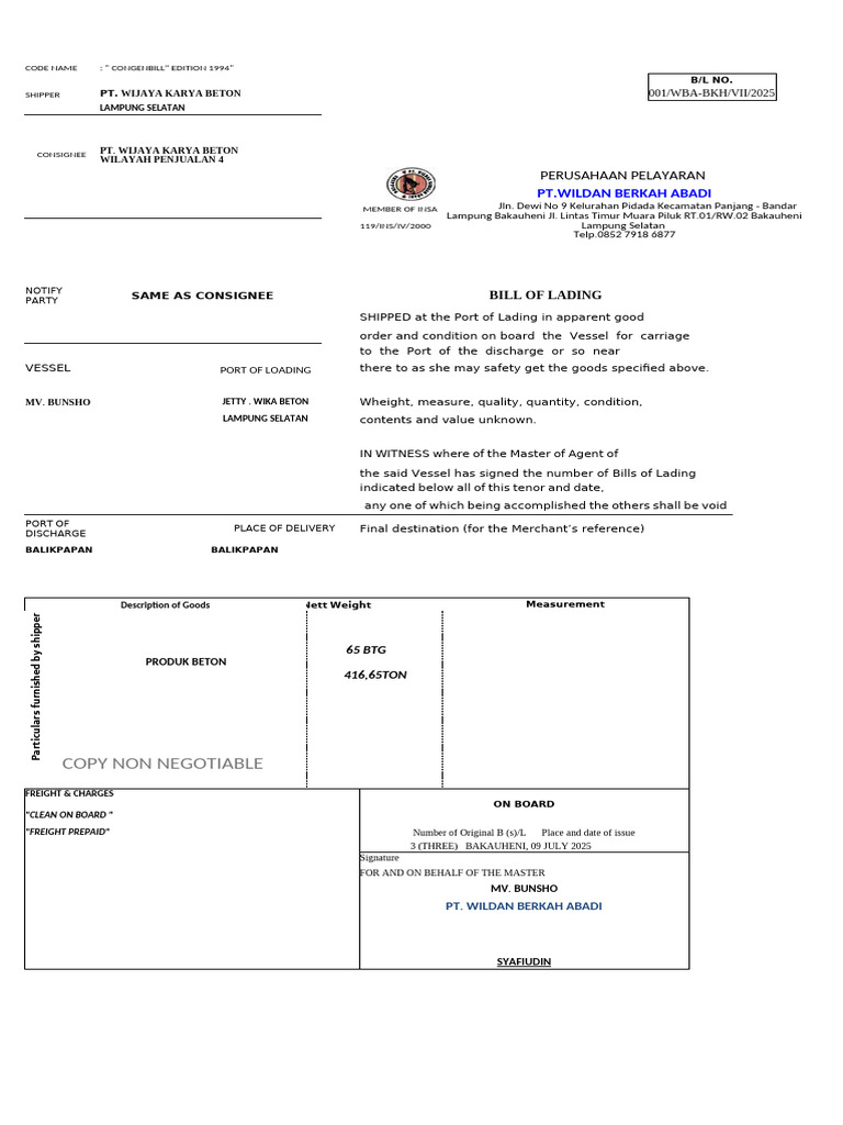 Bill of Loading Bunsho Wika Beton | PDF | Bill Of Lading | Cargo