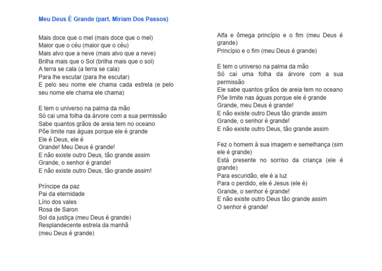 Meu Deus É Grande - Letra da Música | PDF