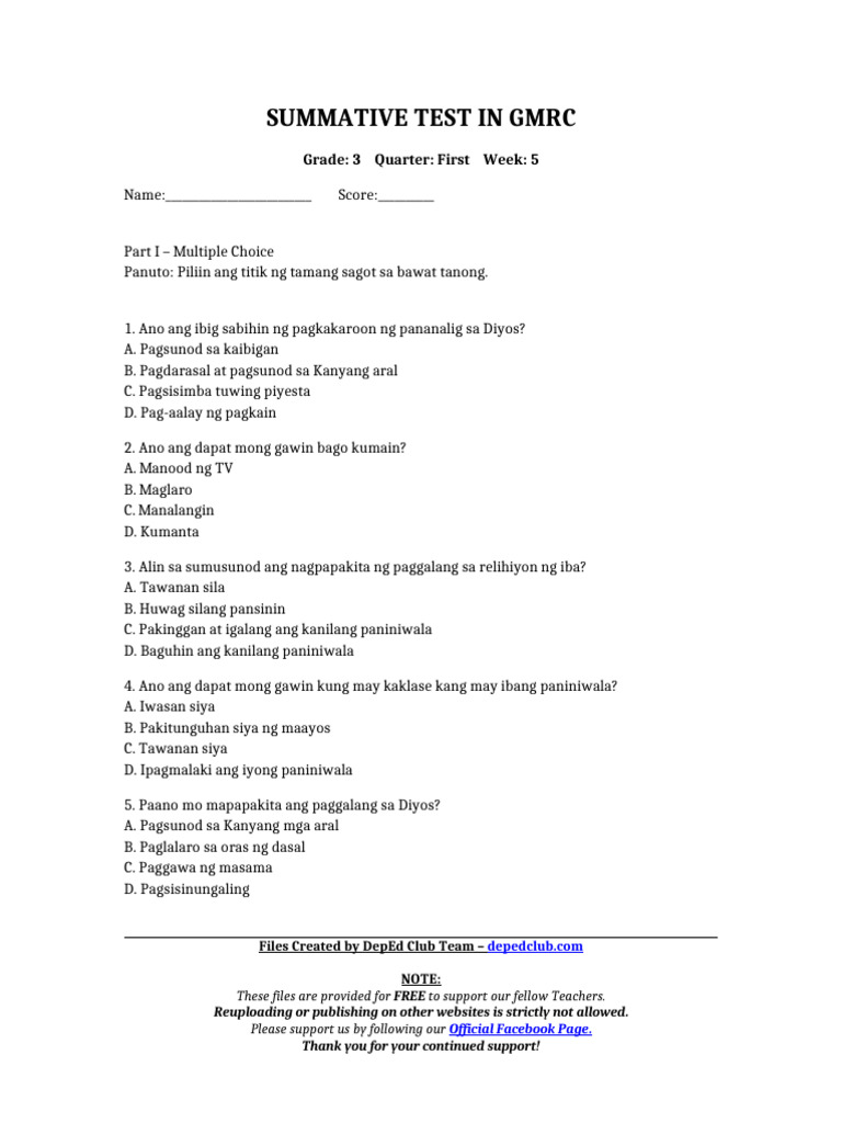 Summ - Test GMRC 3 Q1 W5 | PDF