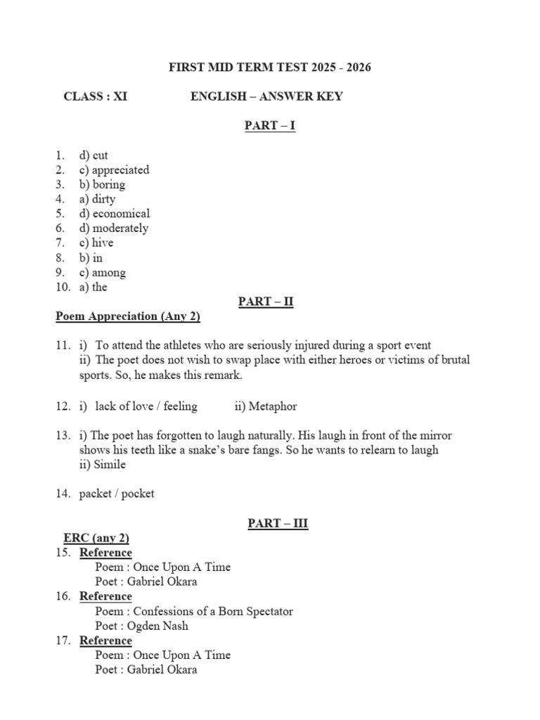 Class 11 English Mid Term Answer Key 2025 | PDF