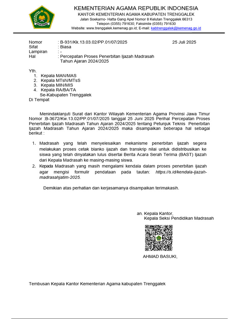Percepatan Proses Penerbitan Ijazah Madrasah TA 2024-2025 | PDF