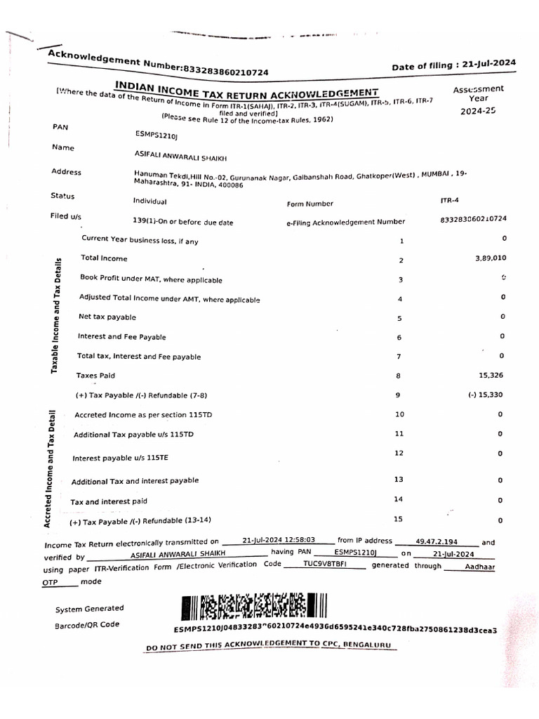 Asif ITR 2024-25 | PDF