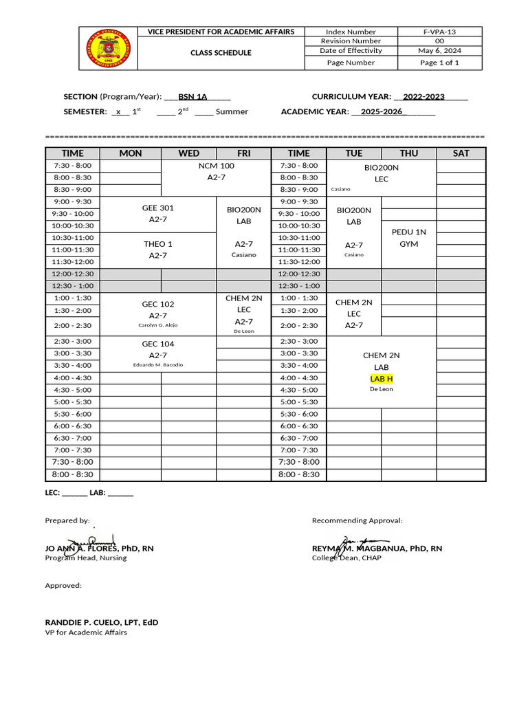 BSN 1 A L 1ST SEM AY 25 26 Controlled F VPA 13 Class Schedule | PDF