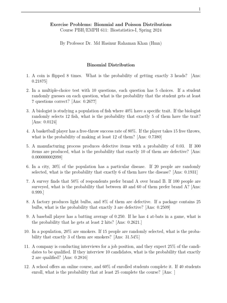 Exercise Problems Binomial and Poisson With Answer | PDF