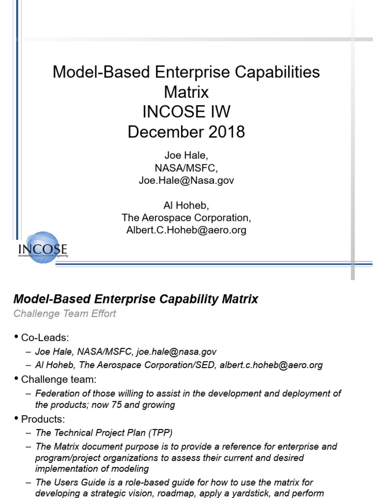 08 2019 Incose Iw 20min MB Enterprise Cap Matrix r3 | PDF | Engineering ...