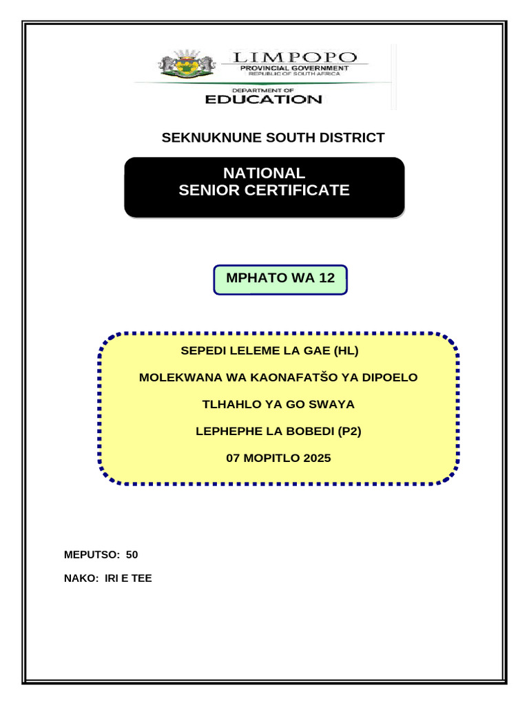 Tlhahlo Ya Go Swaya Iintervention P2 Test No 2 25.02.2025 | PDF