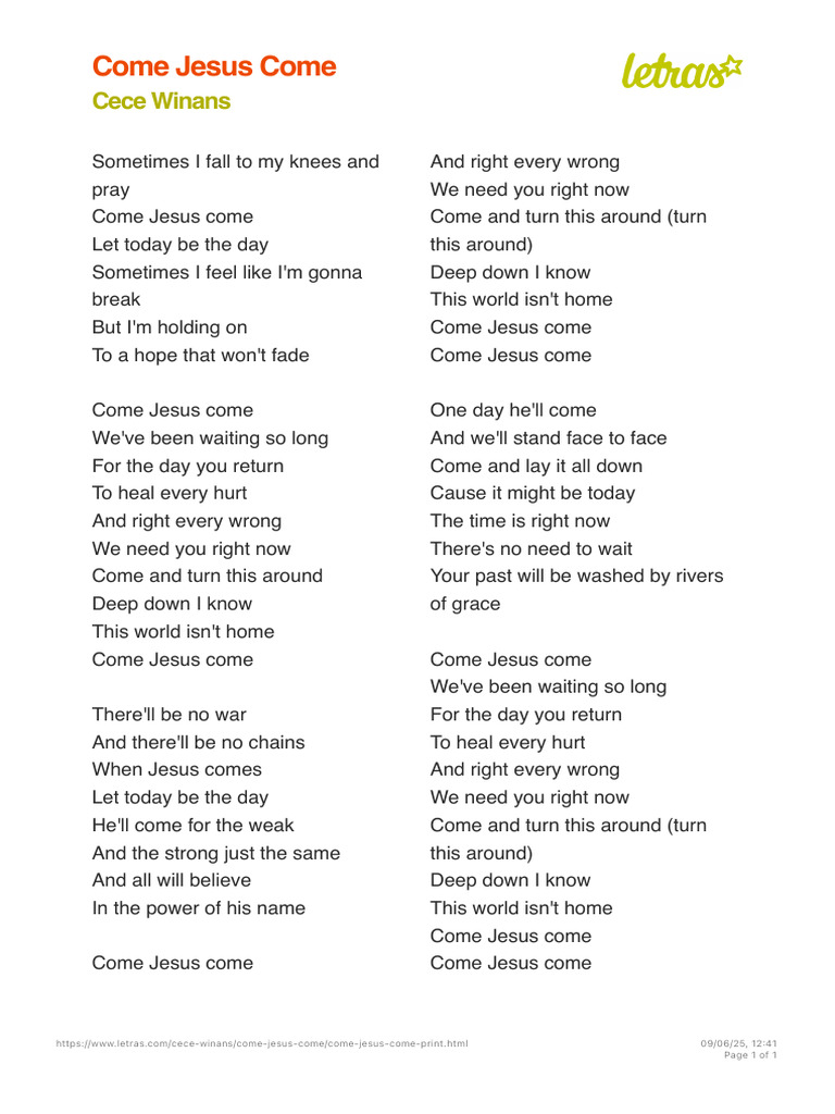 Come Jesus Come Lyrics by CeCe Winans | PDF