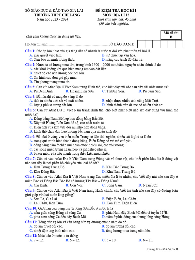 ĐỀ 1 - 12, CL - B | PDF