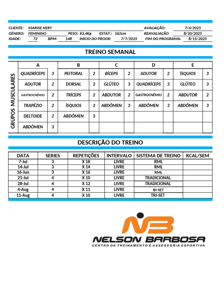 Modelo de Treino Oficial Da Aluna Marise Nery | PDF