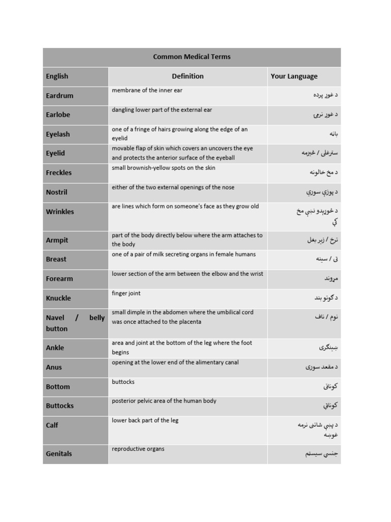 Common Medical Terms in Pashto | PDF | Digestion | Joint