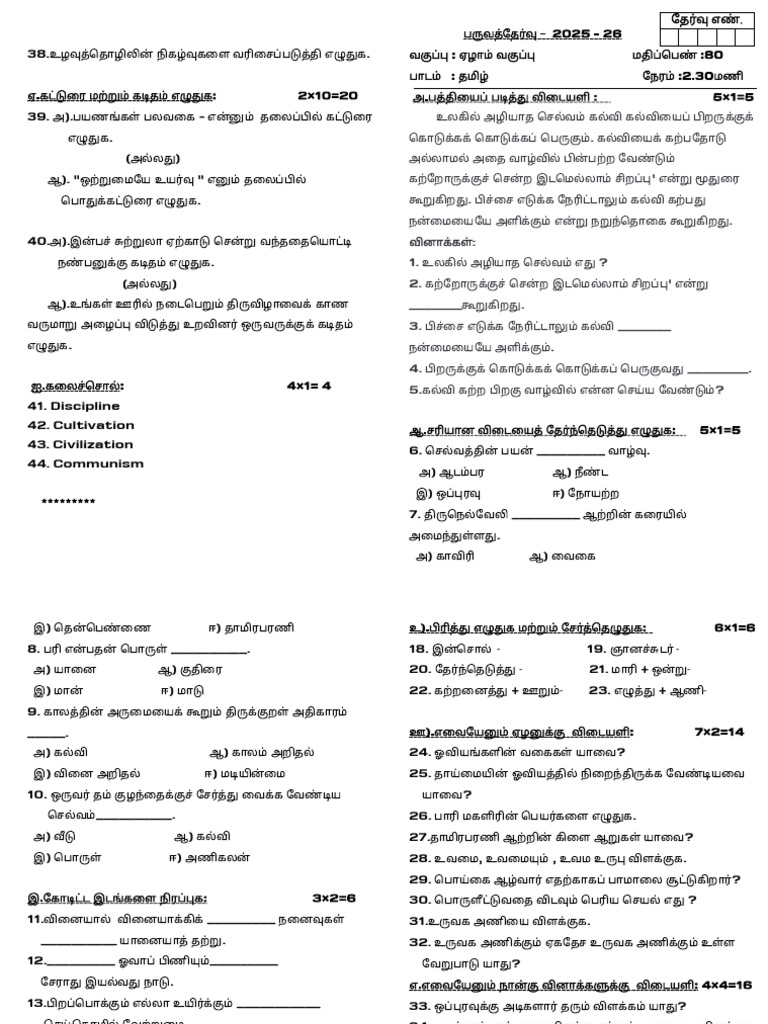 Grade VII Tamil Question Paper | PDF