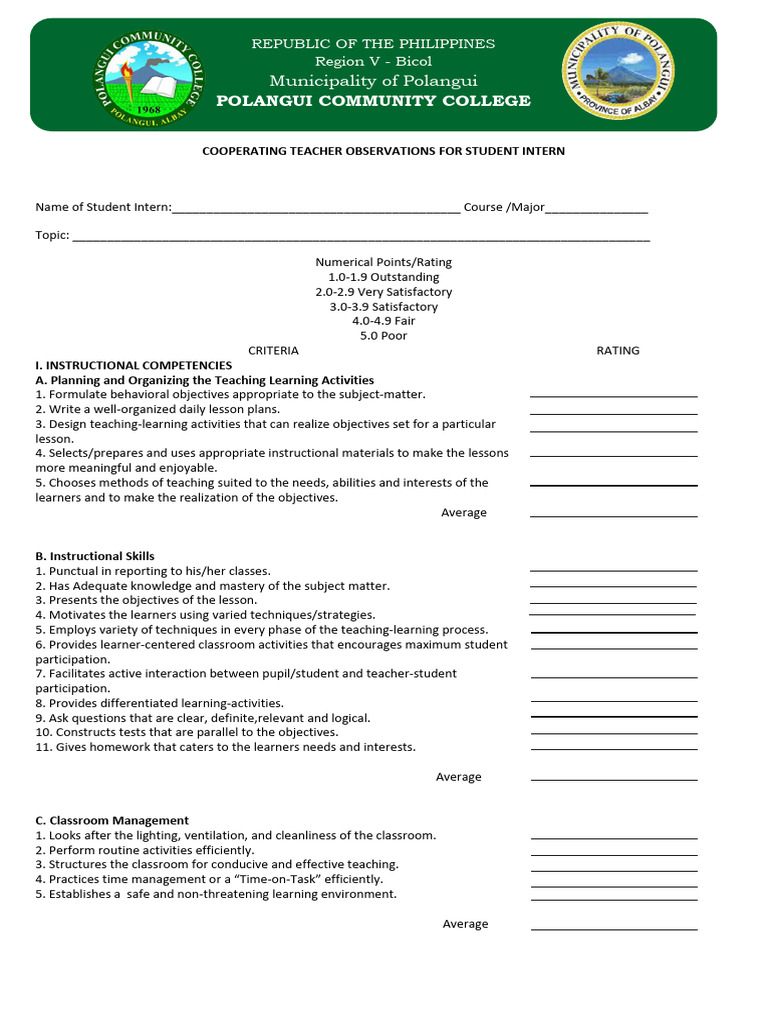 Cooperating Teacher Observation For Student Intern (1) 112529 | PDF ...