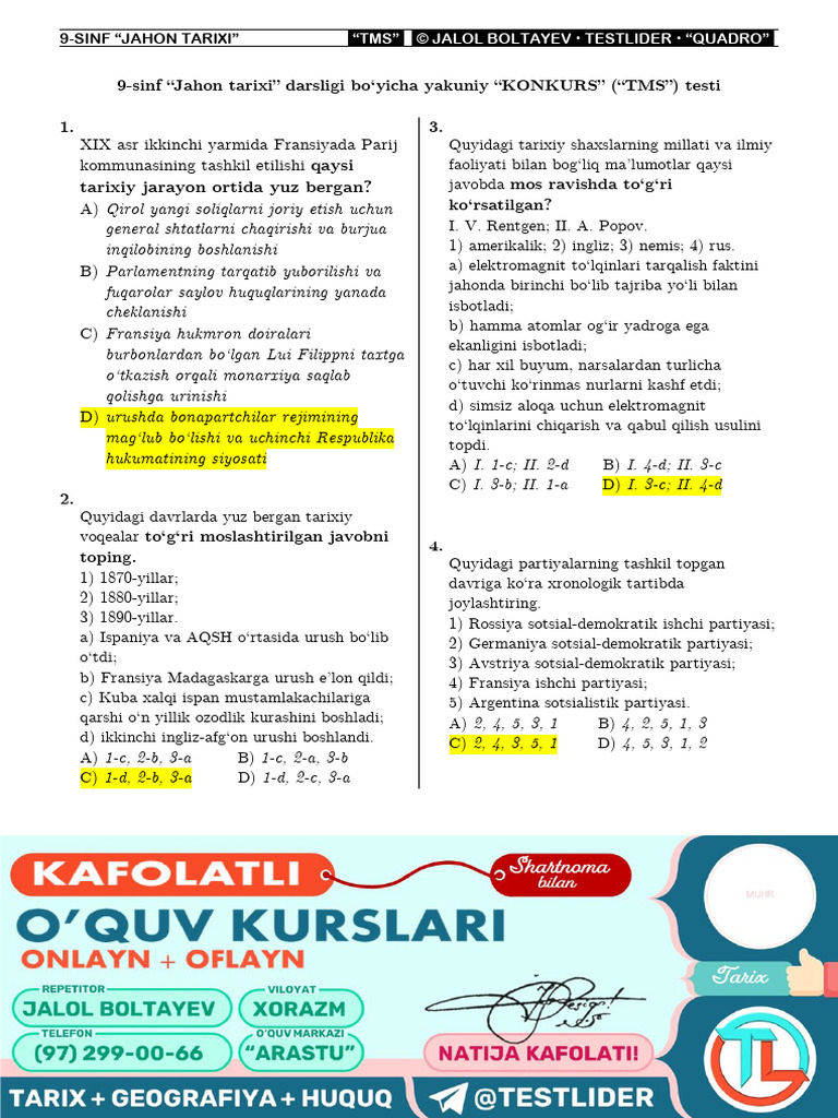 TMS 9-Sinf Jahon Yakuniy Javobi (1-41-&) | PDF