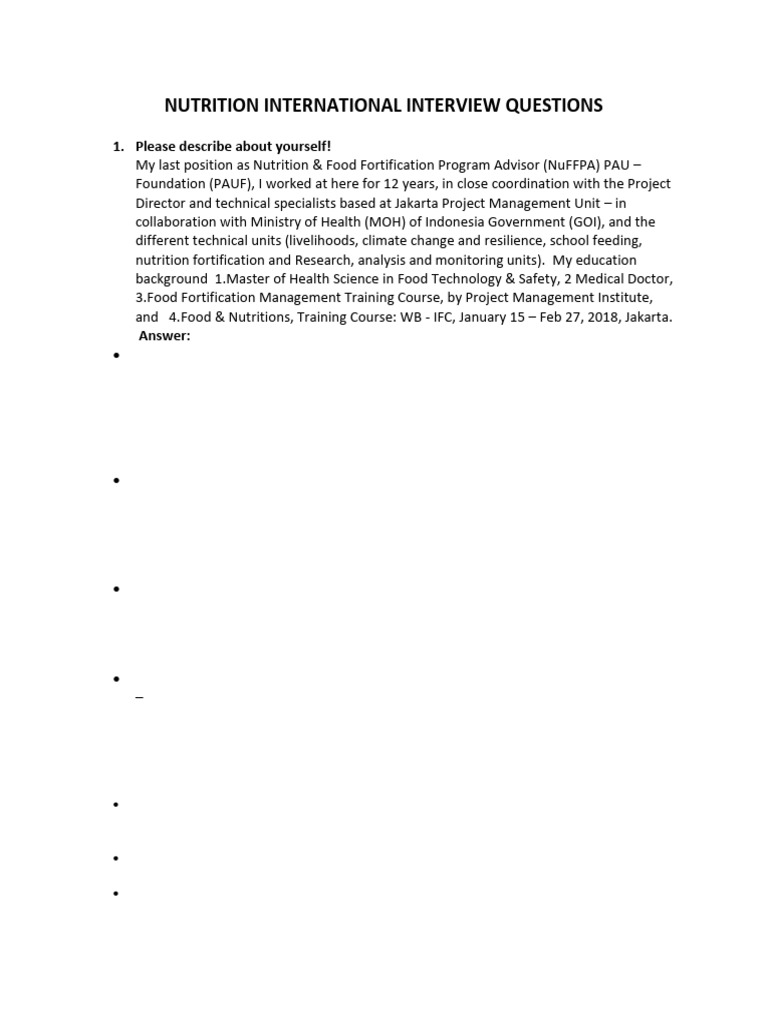 1 Nutrition International Interview Questions | PDF | Nutrition | Diet ...