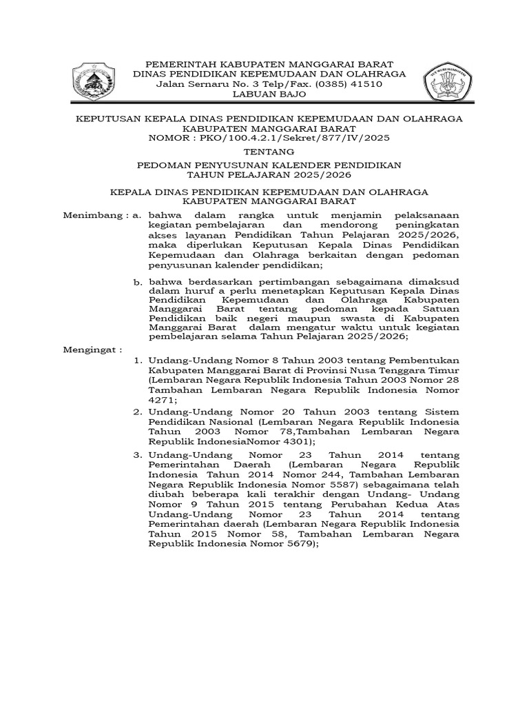 Keputusan Kadis Pko Tentang Kaldik Kab. Mabar 2025-2026 | PDF