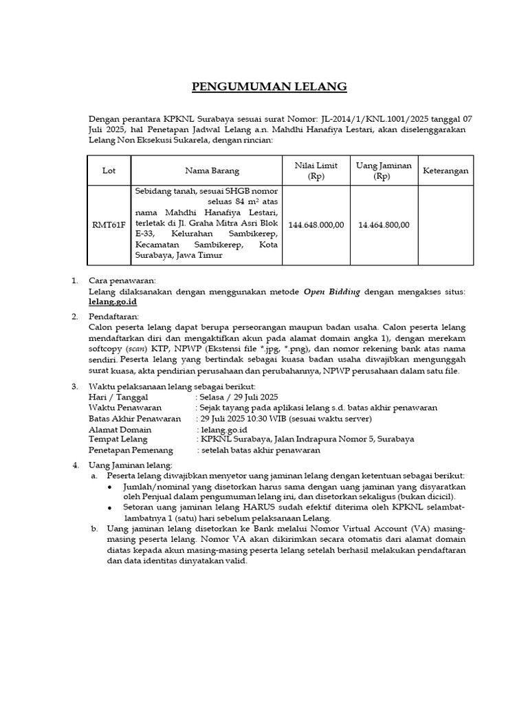 Pengumuman Lelang Tanah di Surabaya | PDF