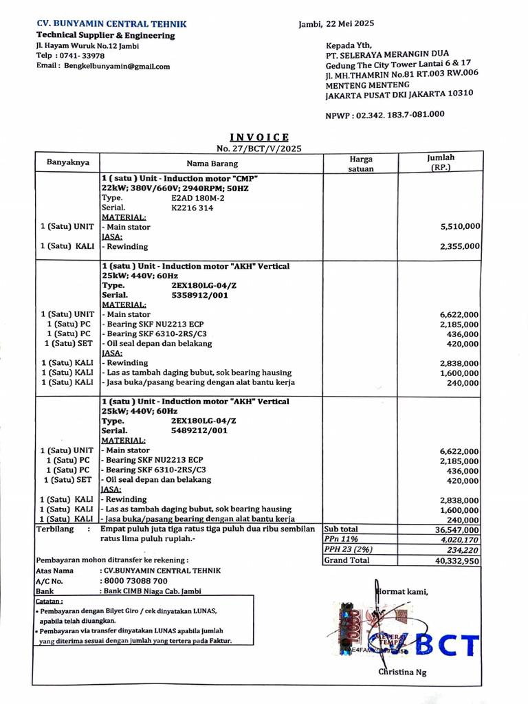 Invoice Induction Motor CV. Buny Amin | PDF