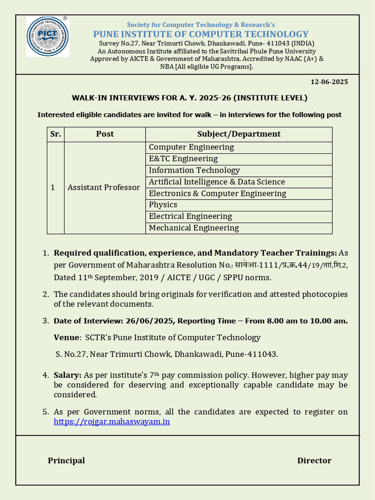 Walk-in Interviews at IIIT Pune 2025-26 | PDF