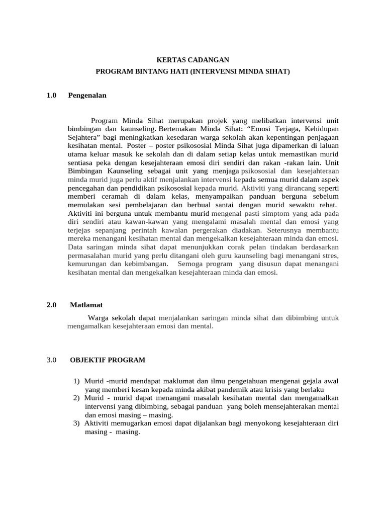 Kertas Kerja Bintang Hati Intervensi Minda Sihat | PDF