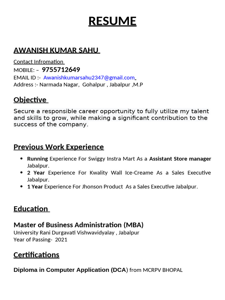 Resume: Awanish Kumar Sahu | PDF