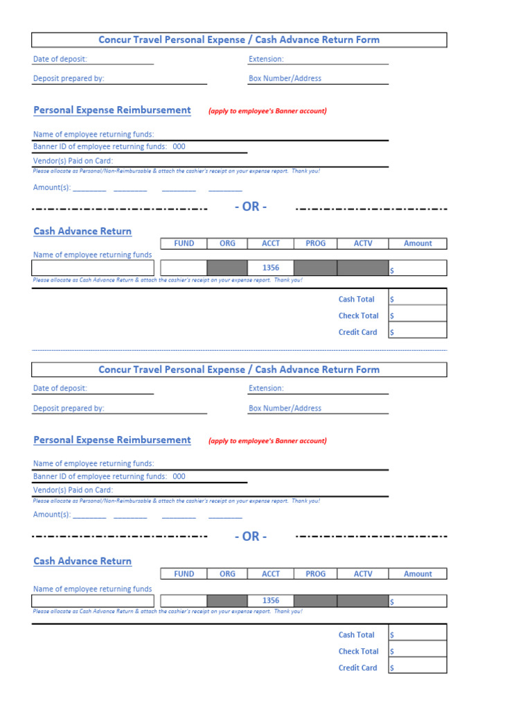 Travel or Cash Advance Return Deposit Form 1.20.23 | PDF | Credit Card ...