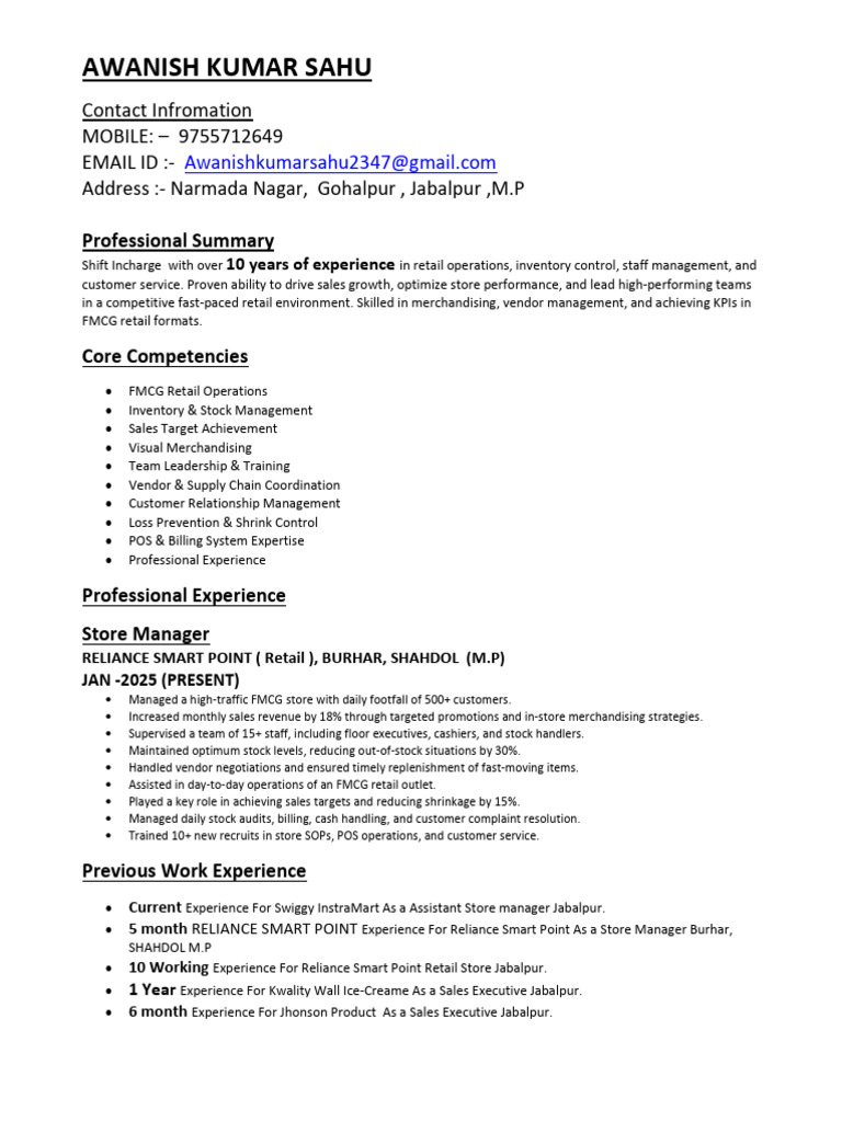 Resume Awanish Kumar Sahu | PDF | Point Of Sale | Retail