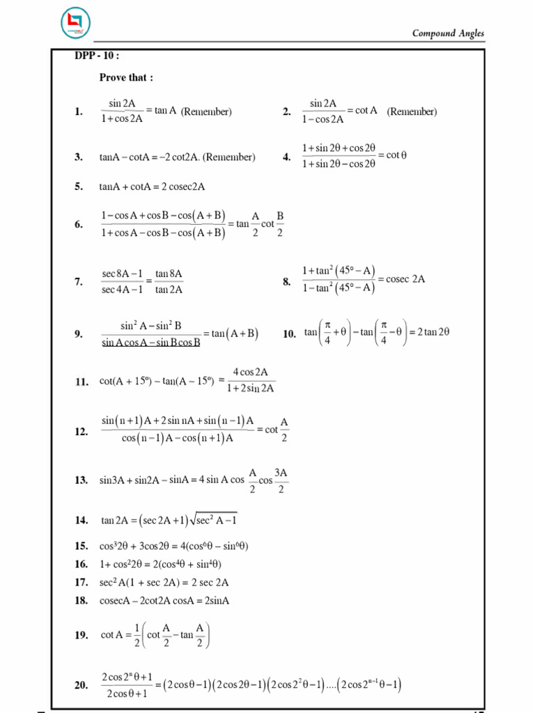 Compound Angle Identities and Proofs | PDF
