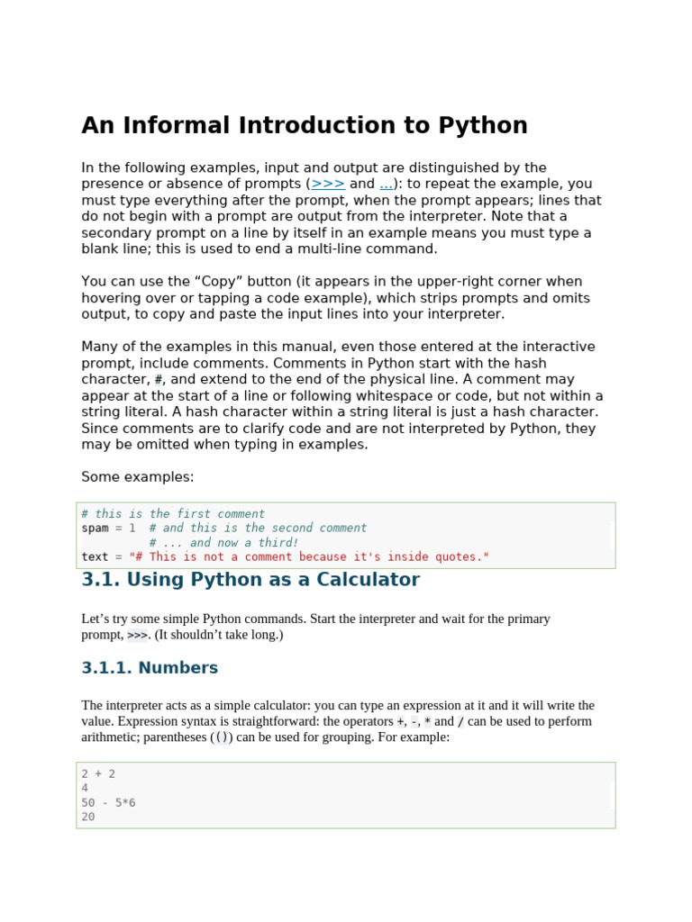 An Informal Introduction To Python: 3.1. Using Python As A Calculator | PDF | Division ...
