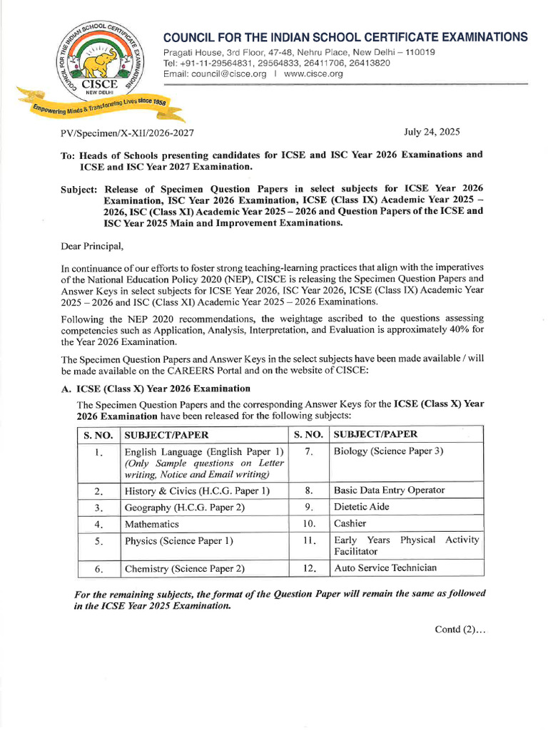 Circular Release of Speimen Question Papers and Question Papers of The Year 2025 Main and ...