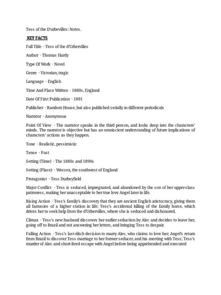 Notes on Tess of the D'urbervilles-1 | PDF