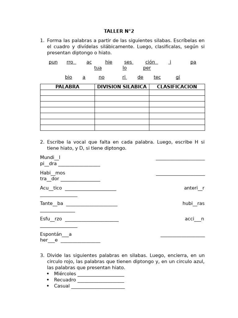Taller Diptongos, Silabas y Hiatos | PDF | Lingüística | Voz humana