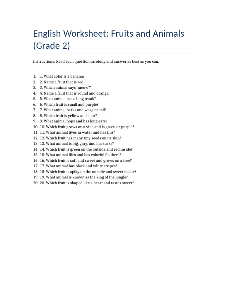 Grade 2 Fruits and Animals Worksheet | PDF