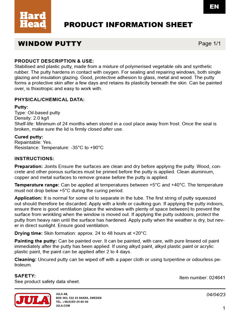 Product Information Sheet: Window Putty | PDF