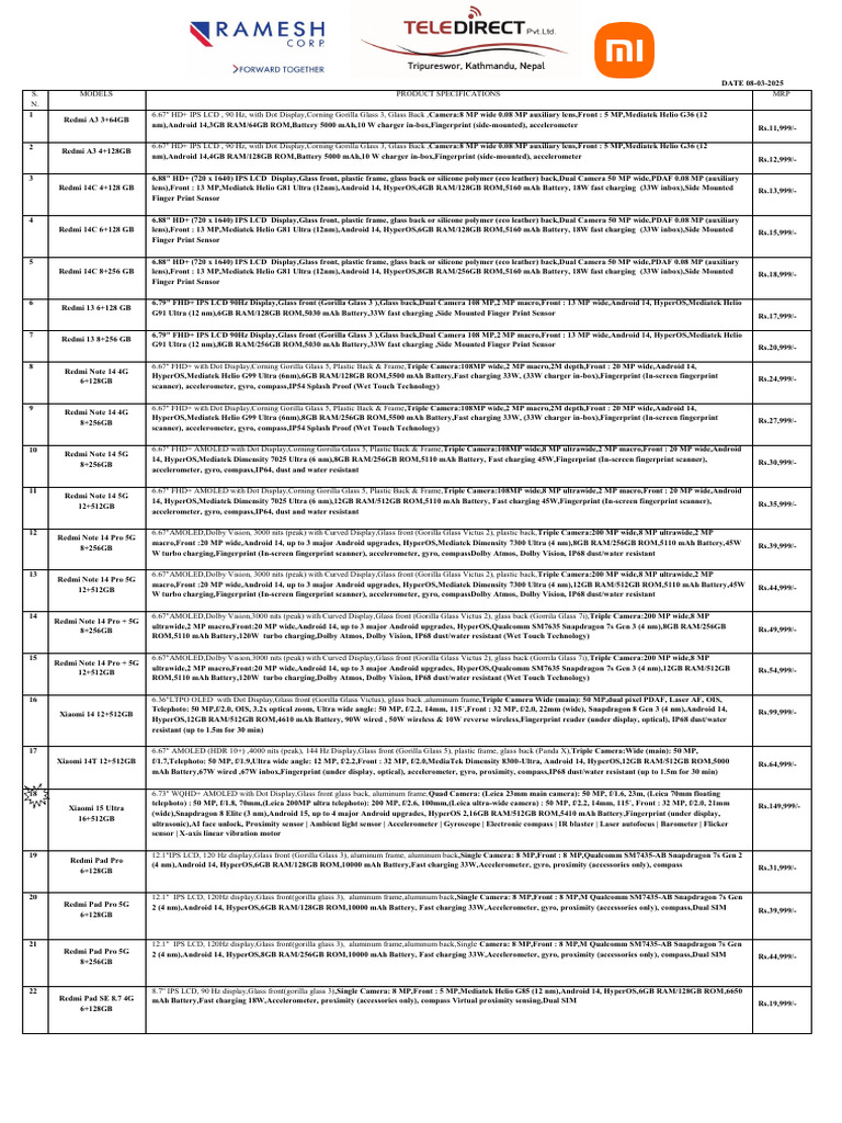 MRP Price List 08-03-2025 | PDF | Mobile Phones | Linux Based Devices