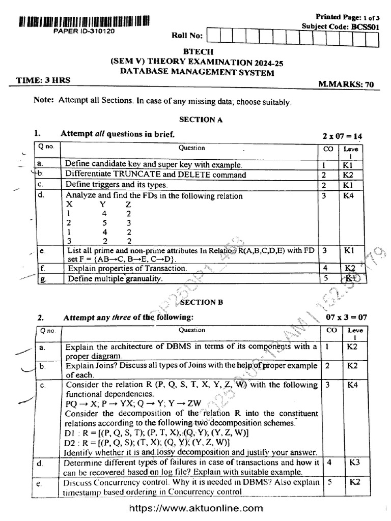 Btech Cs 5 Sem Database Management System Bcs501 2025 | PDF