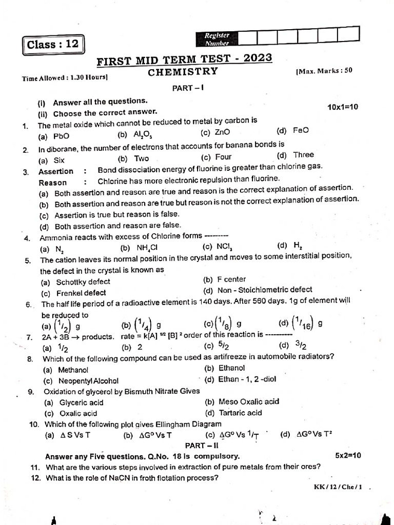 12th Chemistry EM 1st Mid Term Exam 2023 Original Question Paper Kallakurichi District English ...