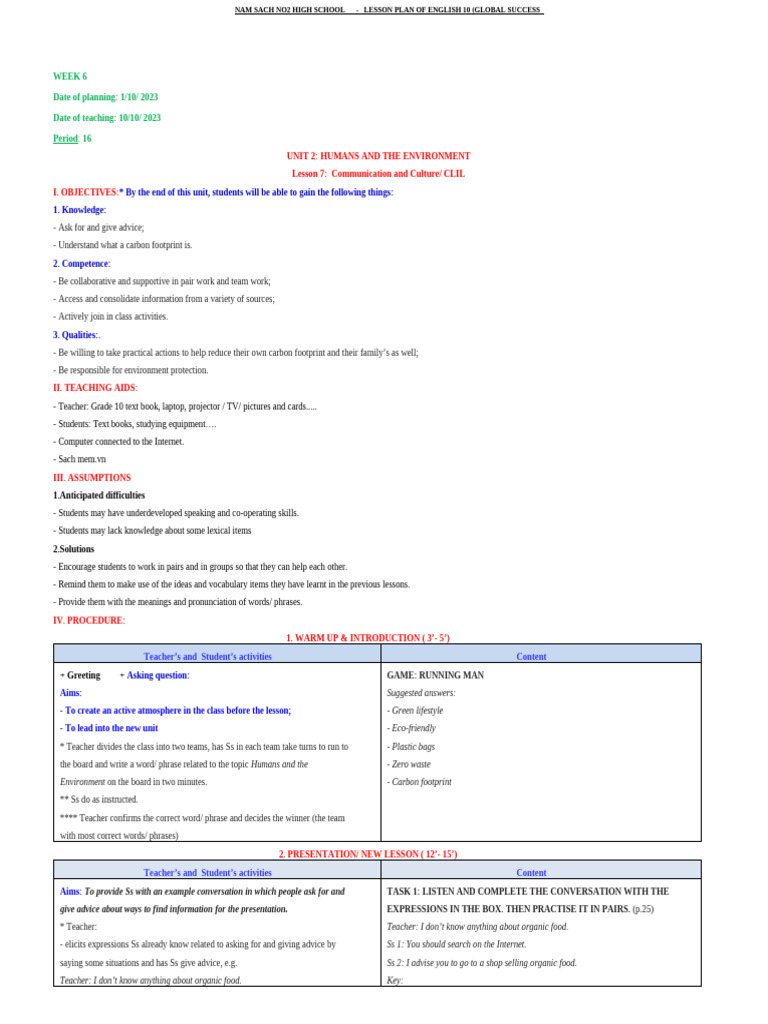 Thập - Week 6 - Lesson Plan E10 | PDF | Vocabulary | Lesson Plan