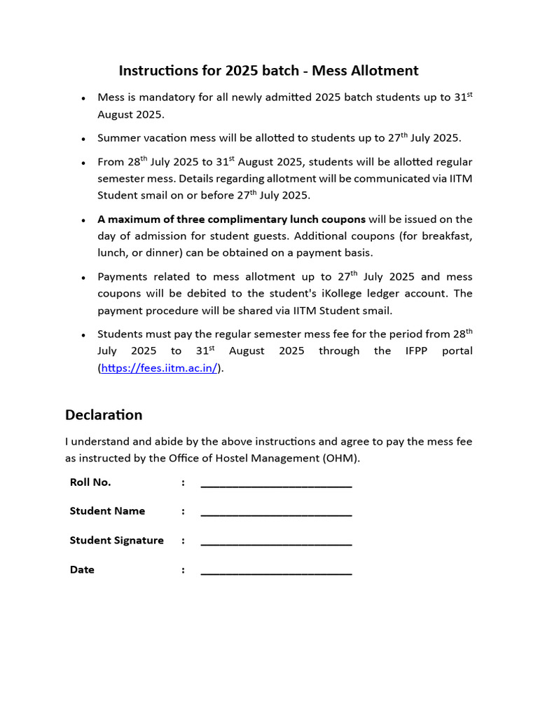 2025 Batch Mess Allotment Instructions | PDF