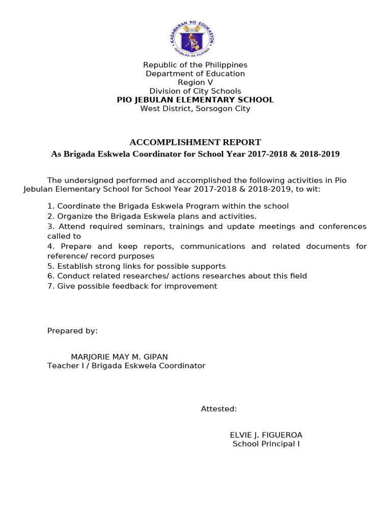 Accomplishment Report BE Coordinator | PDF