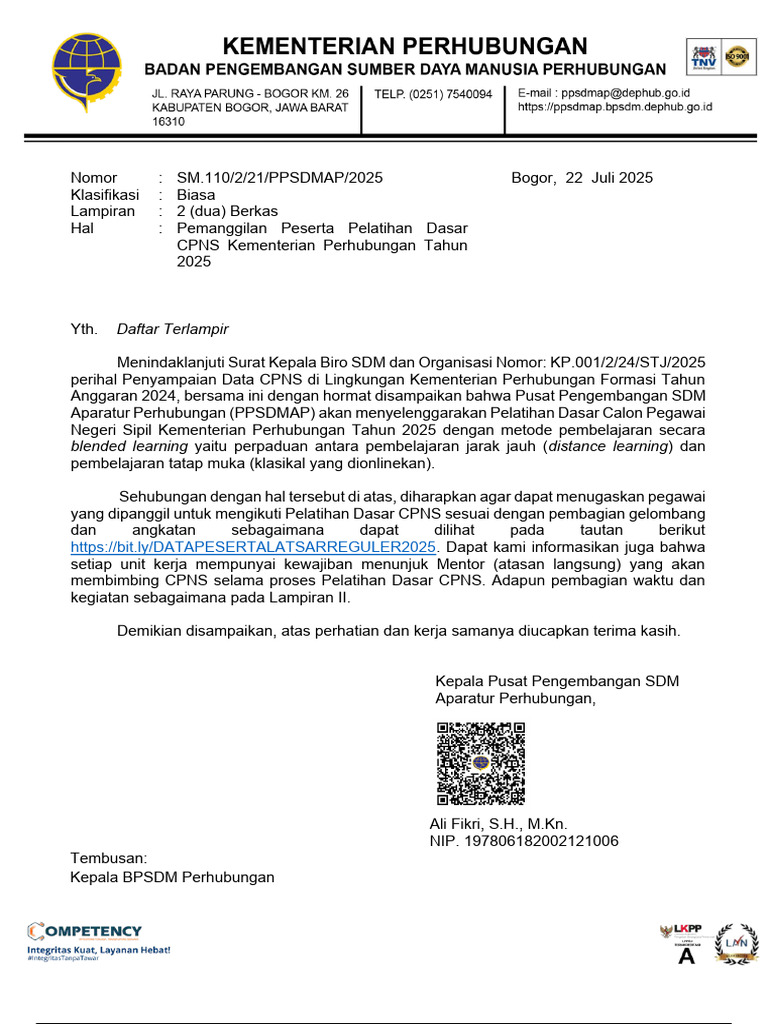 Surat Pemanggilan Latsar Reguler 2025 | PDF