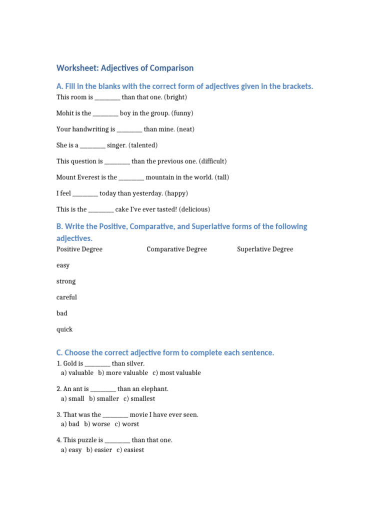 Adjectives of Comparison Worksheet | PDF