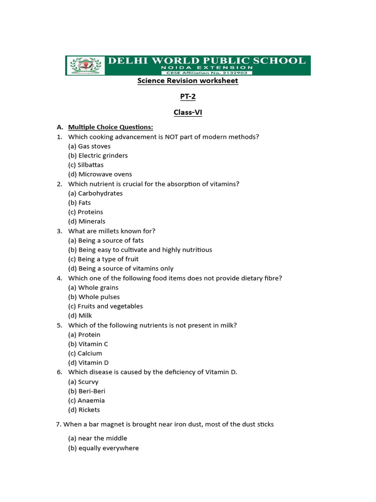 Science Revision Worksheet PT-2 Class VI-1 | PDF | Vitamin | Foods