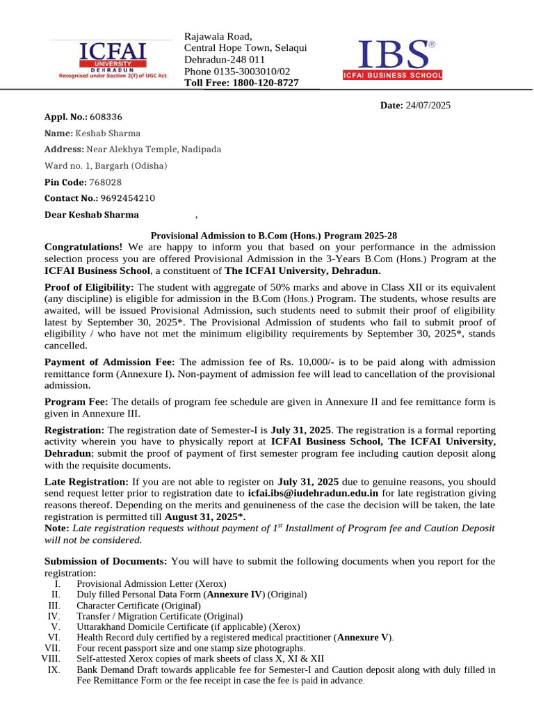 Keshab Sharma - B.com H Provisional Copy-2025 | PDF