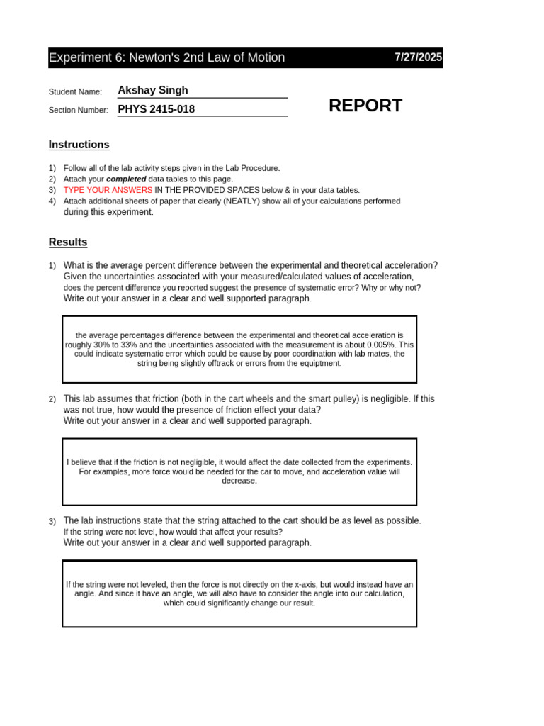 Newton's 2nd Law Lab Report PHYS 2415 | PDF | Observational Error | Force