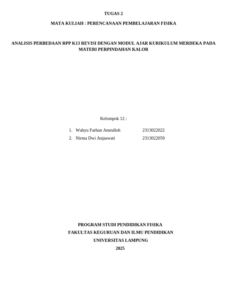 Kelompok 6 - Analisis Perbedaan K13 Dengan Kurikulum Merdeka Modul Ajar Fisika - PPF | PDF